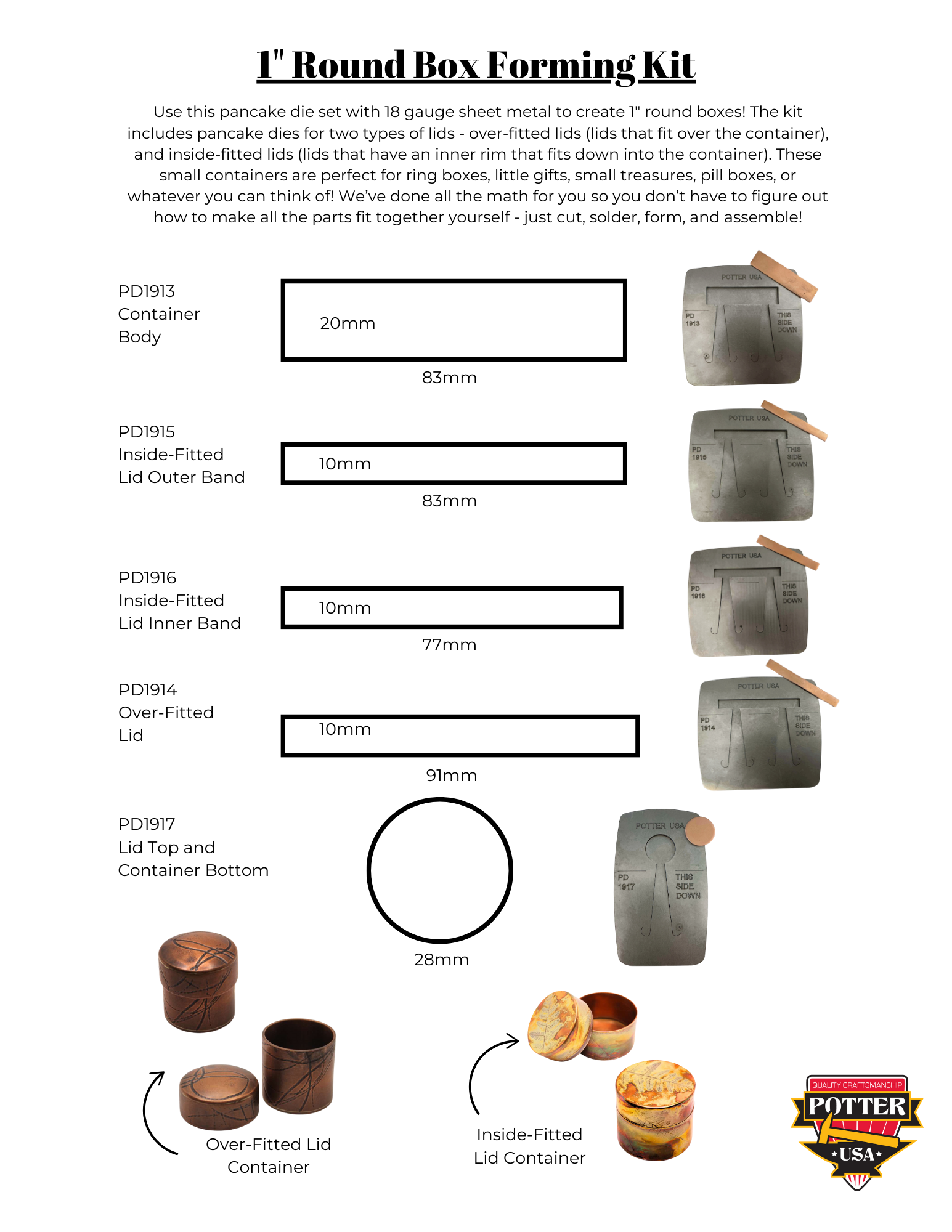 Potter USA - Fine Tools. Pancake Die Bundle 1 Inch Round Box Forming Kit