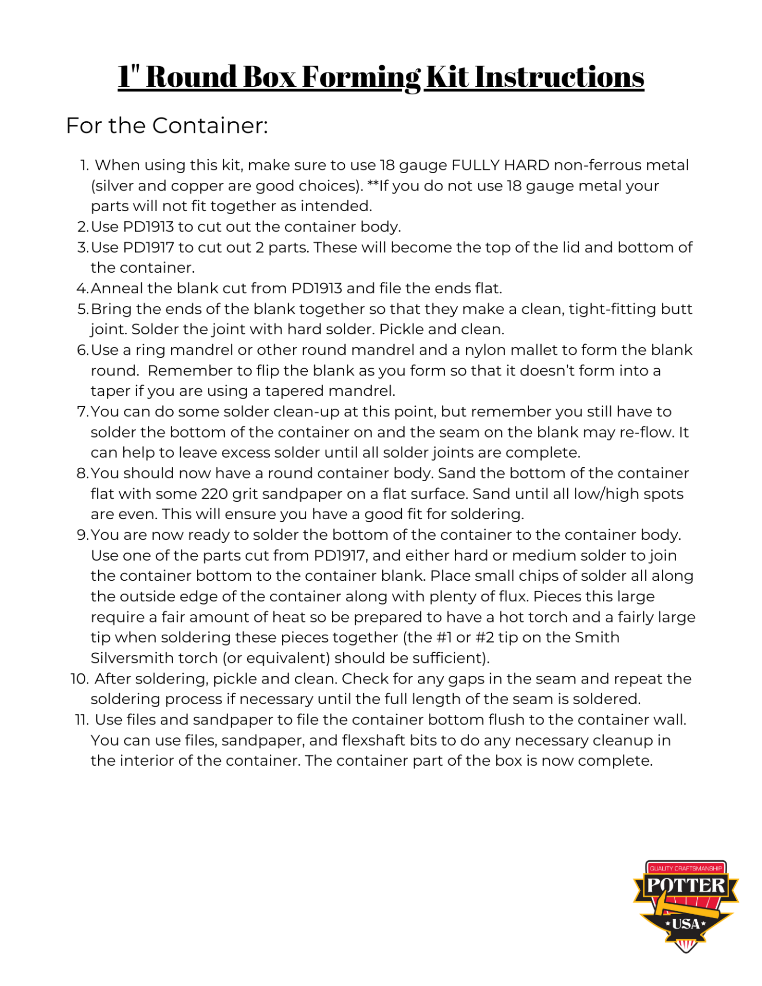 Potter USA - Fine Tools. Pancake Die Bundle 1 Inch Round Box Forming Kit